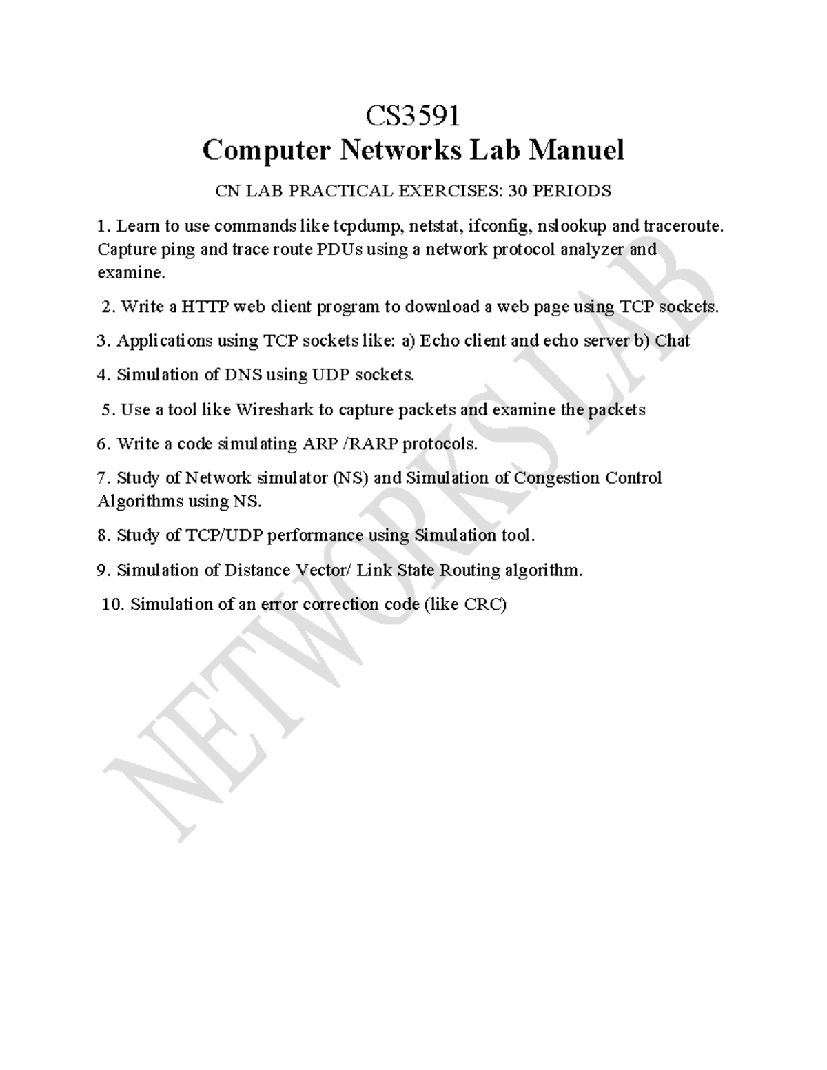 CN lab manual - CS Computer Networks Lab Manuel CN LAB PRACTICAL EXERCISES: 30 PERIODS 1. Learn ...