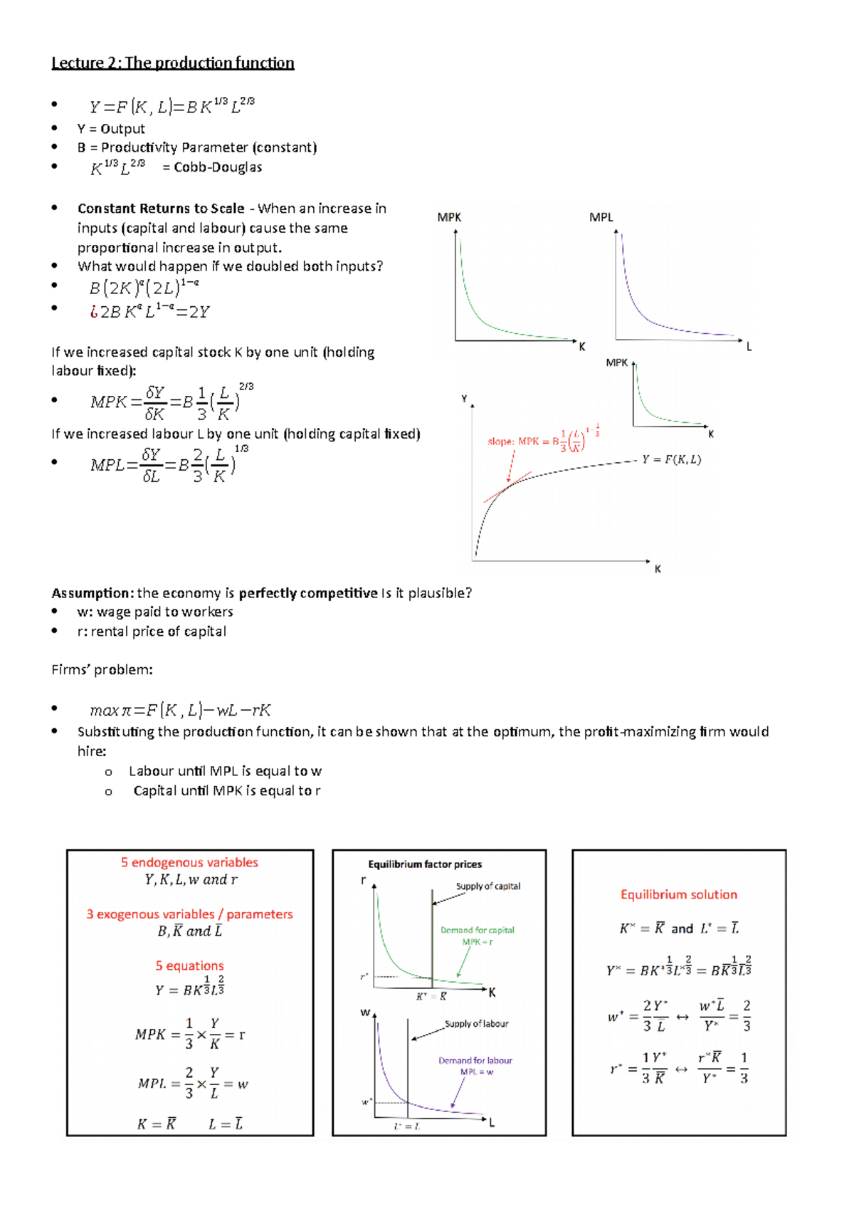Lecture 2 - Lecture 2: The production function Y=F(K,L)=BK 1 / 3 L 2 / ...