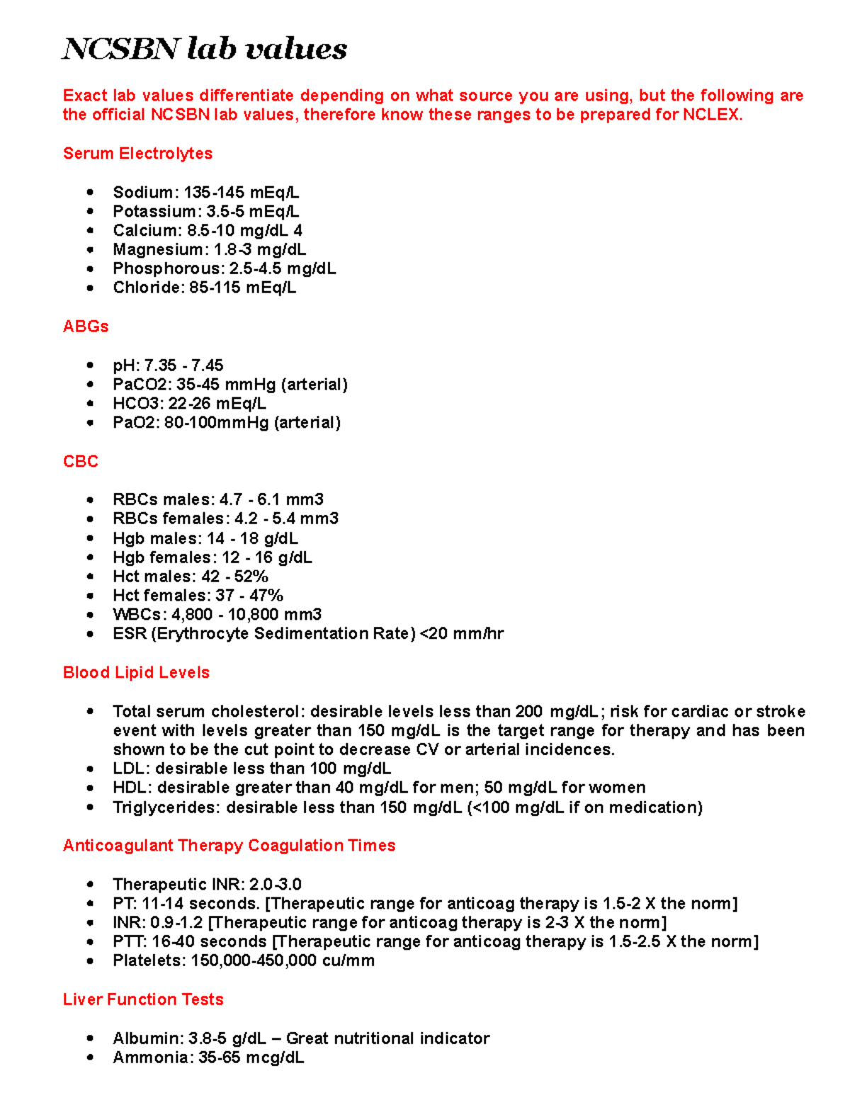 Ncsbn-lab-values 2 - NCSBN lab values - NCSBN lab values Exact lab ...