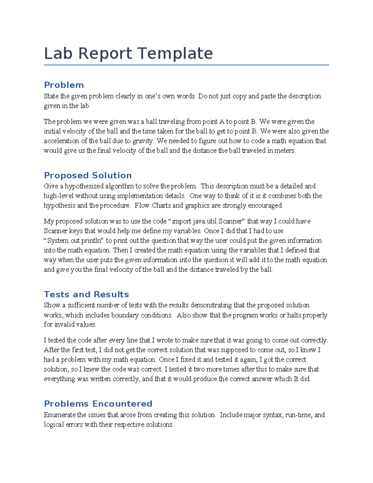 Lab Report 2 - lllllllllllllllllll - Lab Report Template Problem State ...