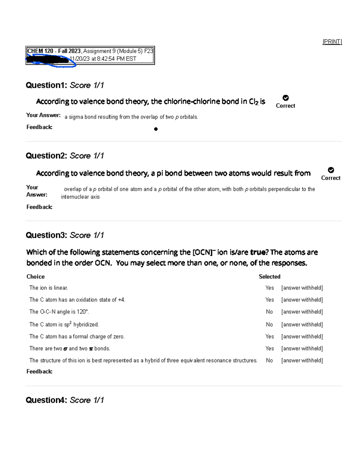 UW Möbius - Assignment 9 (Module 5) F23 92 v2 - [PRINT] CHEM 120 - Fall 2023, Assignment 9 ...