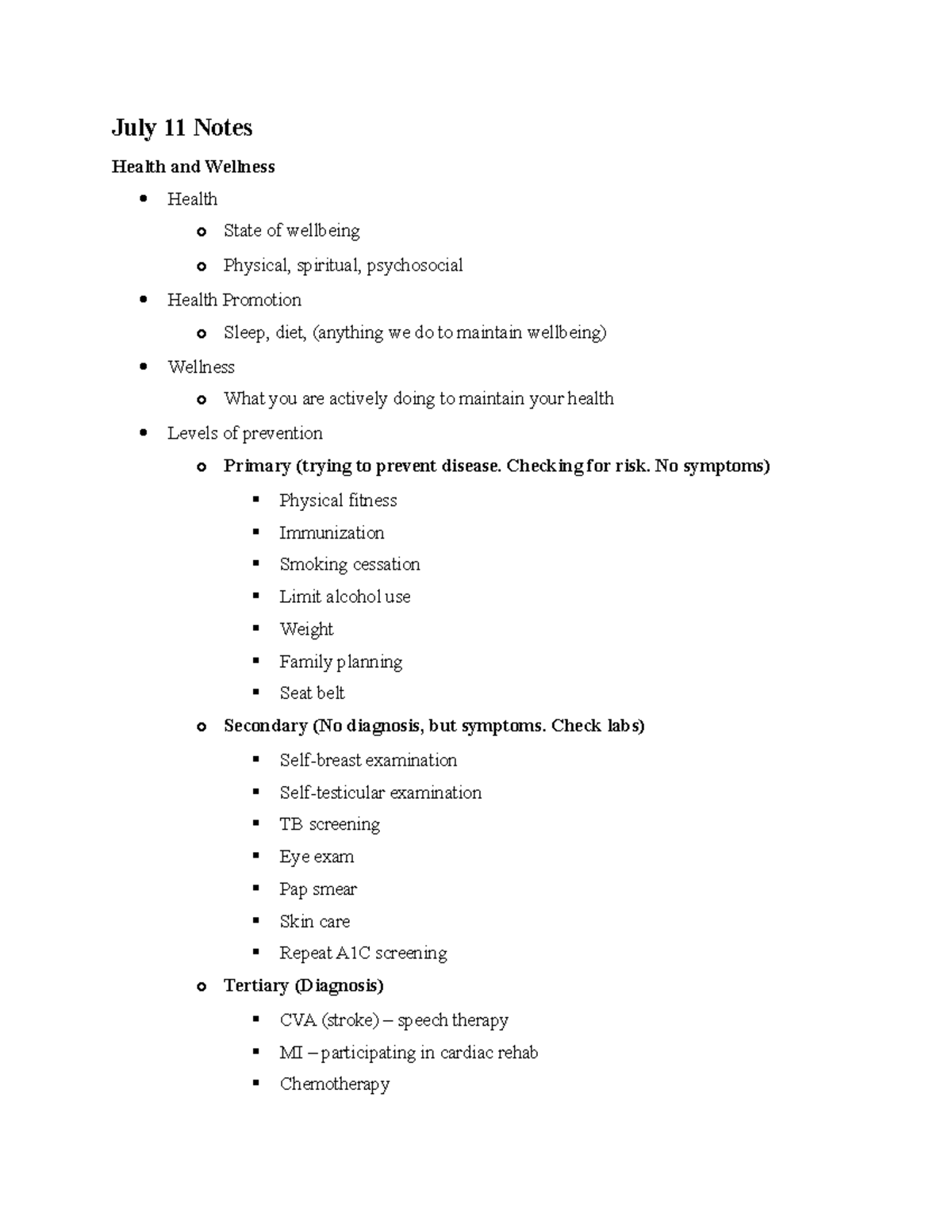 Exam 1 Notes - July 11 Notes Health and Wellness Health o State of ...