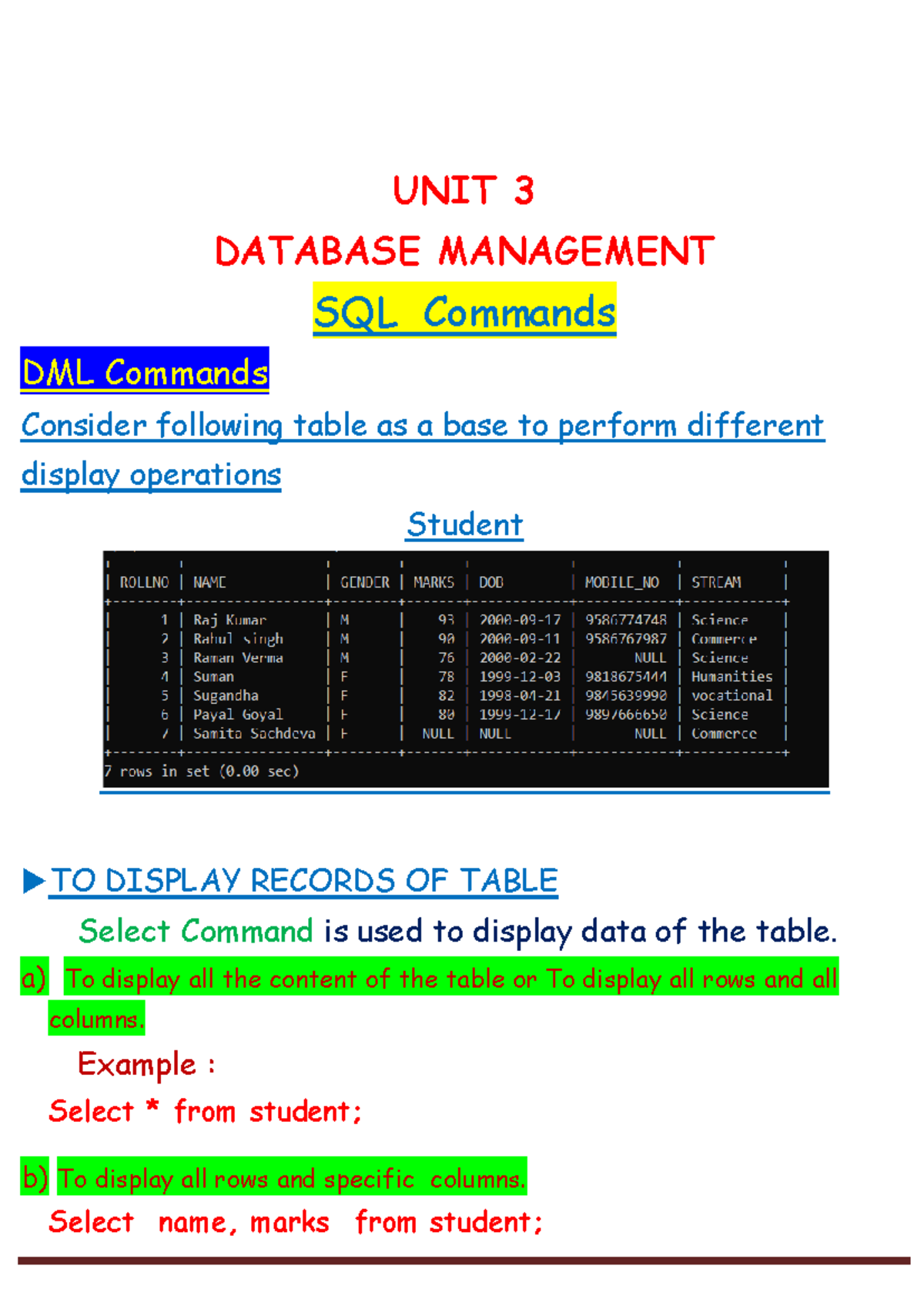 SQL UNIT3(B) - Some thing - UNIT 3 DATABASE MANAGEMENT SQL Commands DML ...