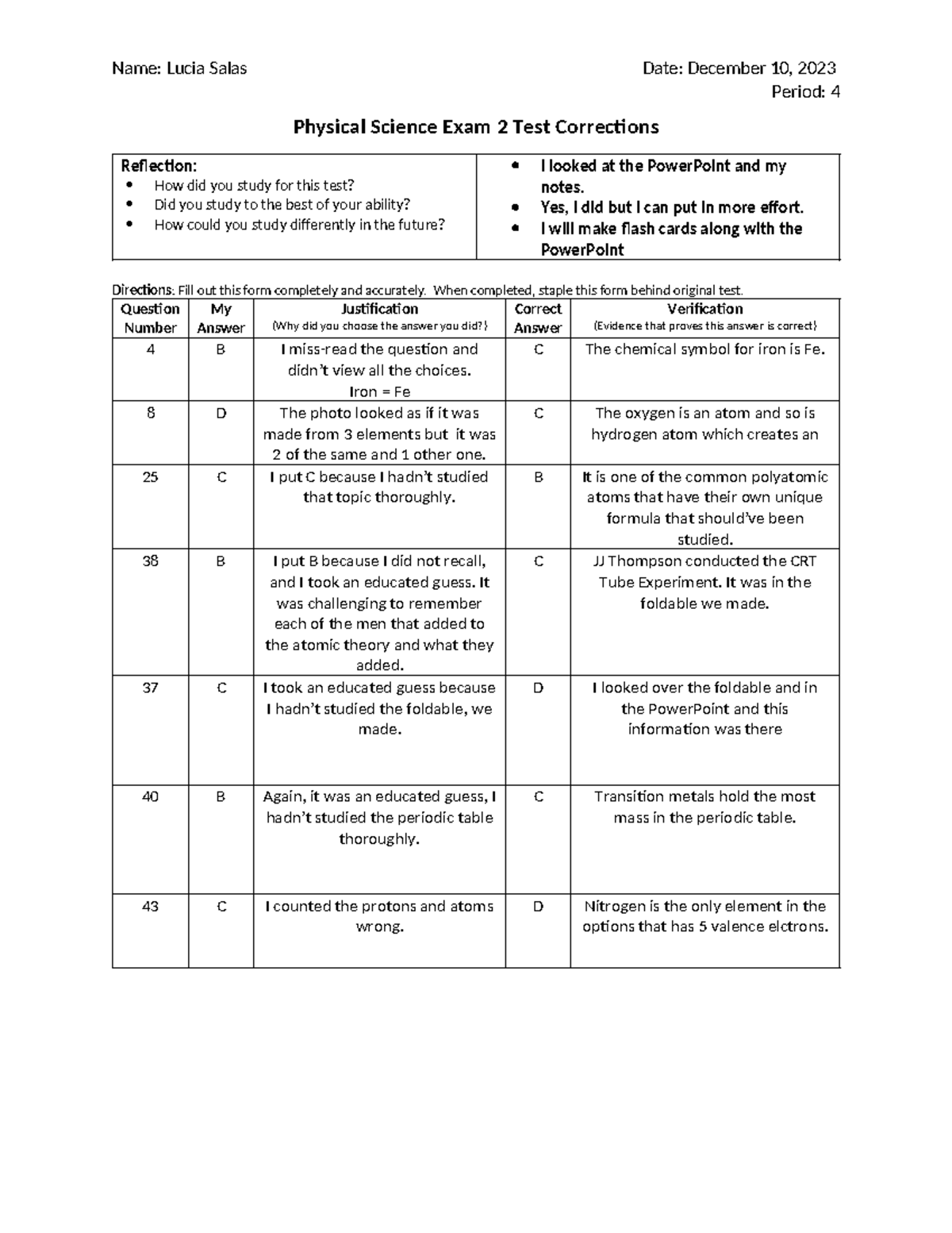 Physical Science Exam 2 Test Corrections - Name: Lucia Salas Date ...
