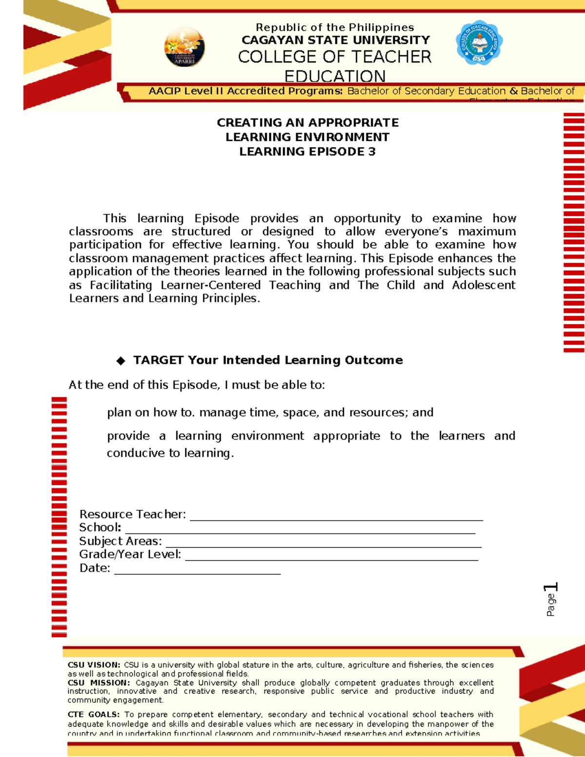 3. Creating AN Appropriate Learning Environment -NO LA - Page 1 AACIP ...