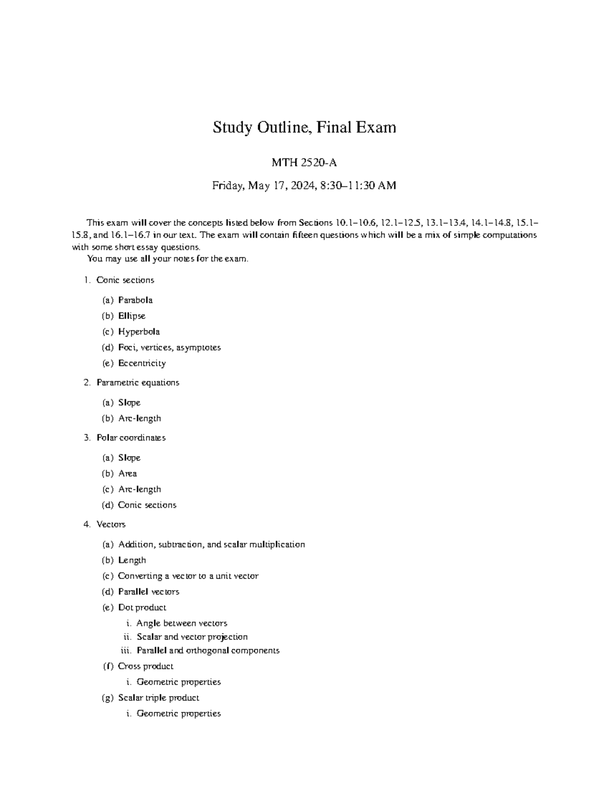 Calc3-review - Summary Multivarbl Calc/Analyt Geomet - Study Outline ...