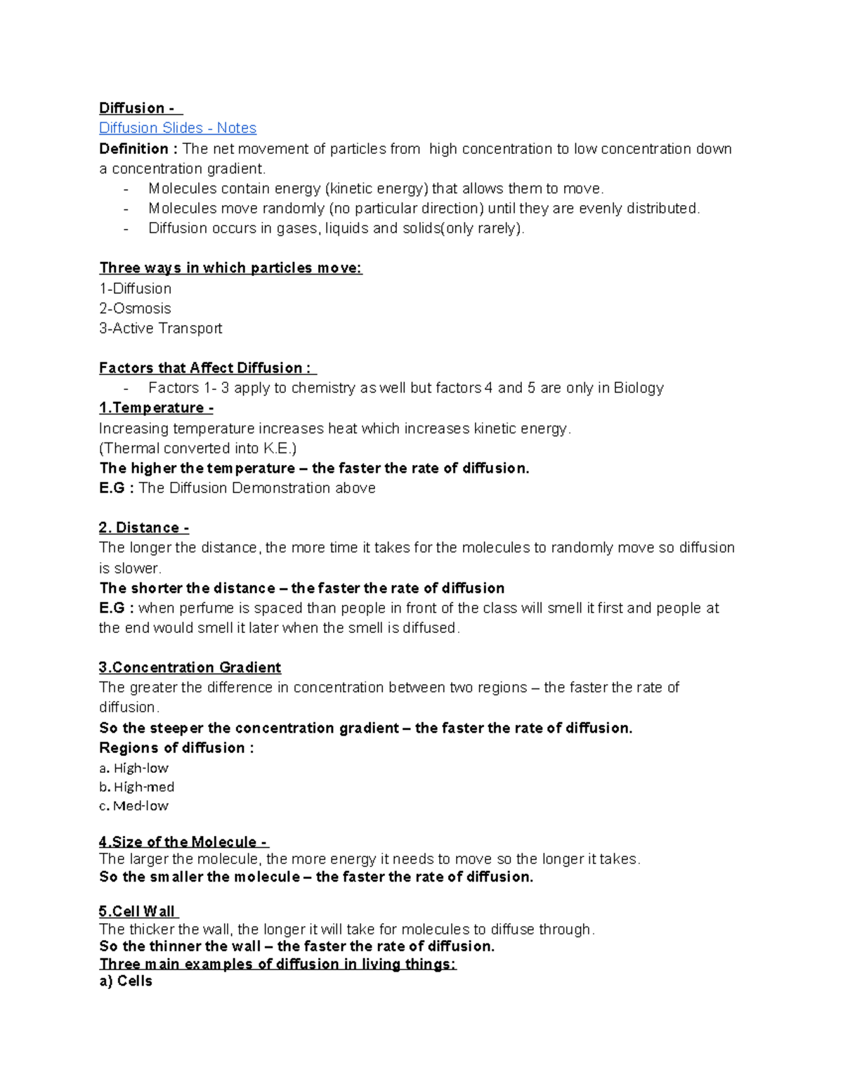 Topic 3 Biology Notes Igcse - Diffusion - Diffusion Slides - Notes ...