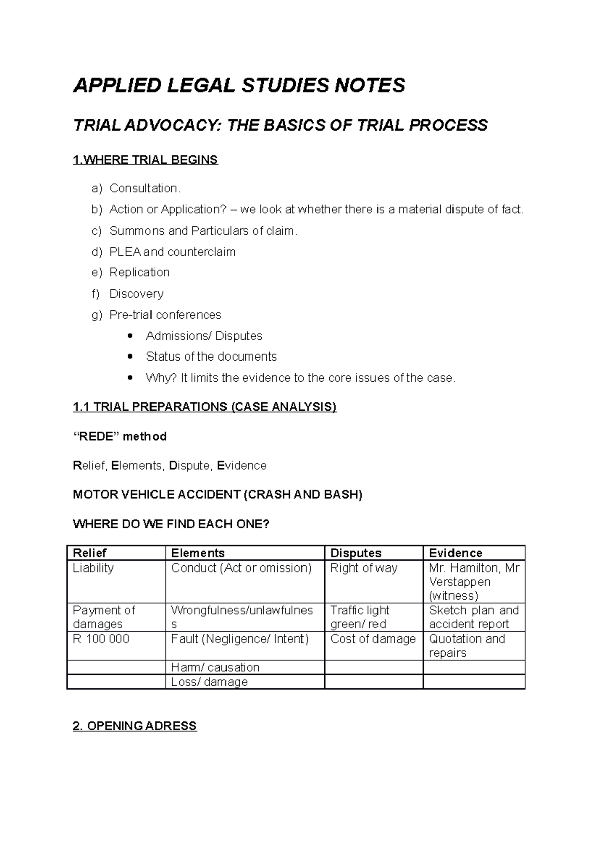 Trial Advocacy Notes - APPLIED LEGAL STUDIES NOTES TRIAL ADVOCACY: THE ...