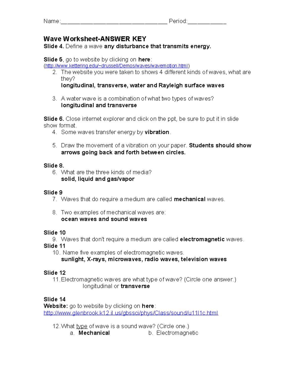 Answer Key Its All About Waves - Wave Worksheet-ANSWER KEY Slide 4 ...