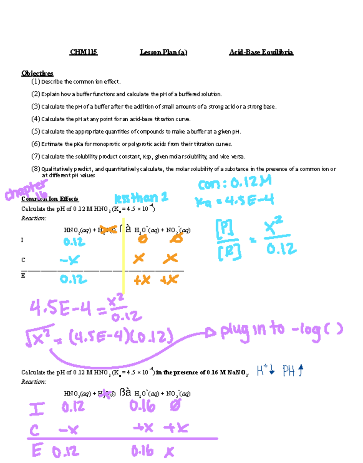 ]Wk7Notes - CHM115 Lesson Plan (a) Acid-Base Equilibria Objectives (1 ...