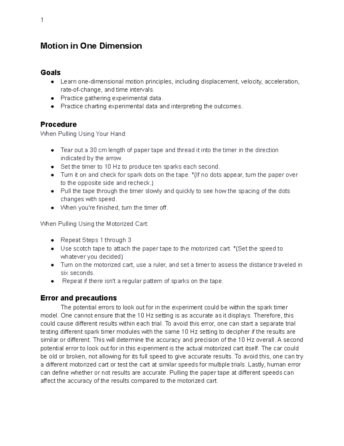 Lab 1 Motion Part 2 - Lab 1 - Motion in One Dimension Goals Learn one ...