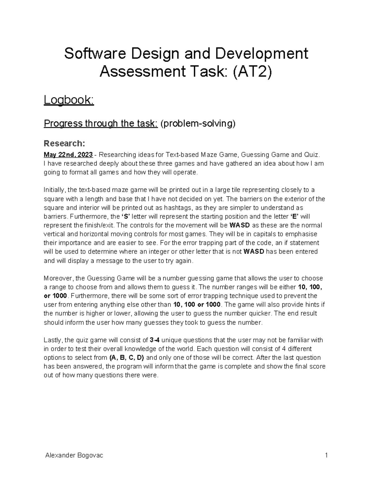 Software Design and Development Assessment Task (AT2) - Software Design ...