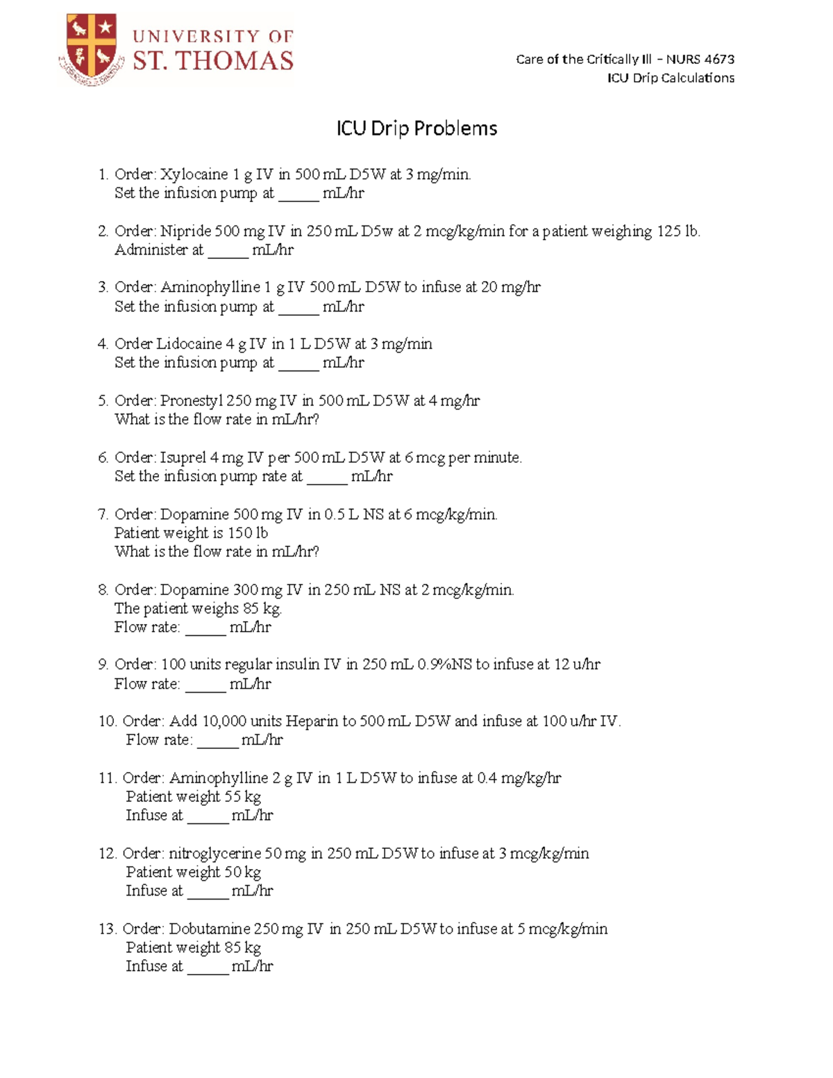 Icu Drip Calculations - NURS 4673 - ICU Drip Calculations ICU Drip ...