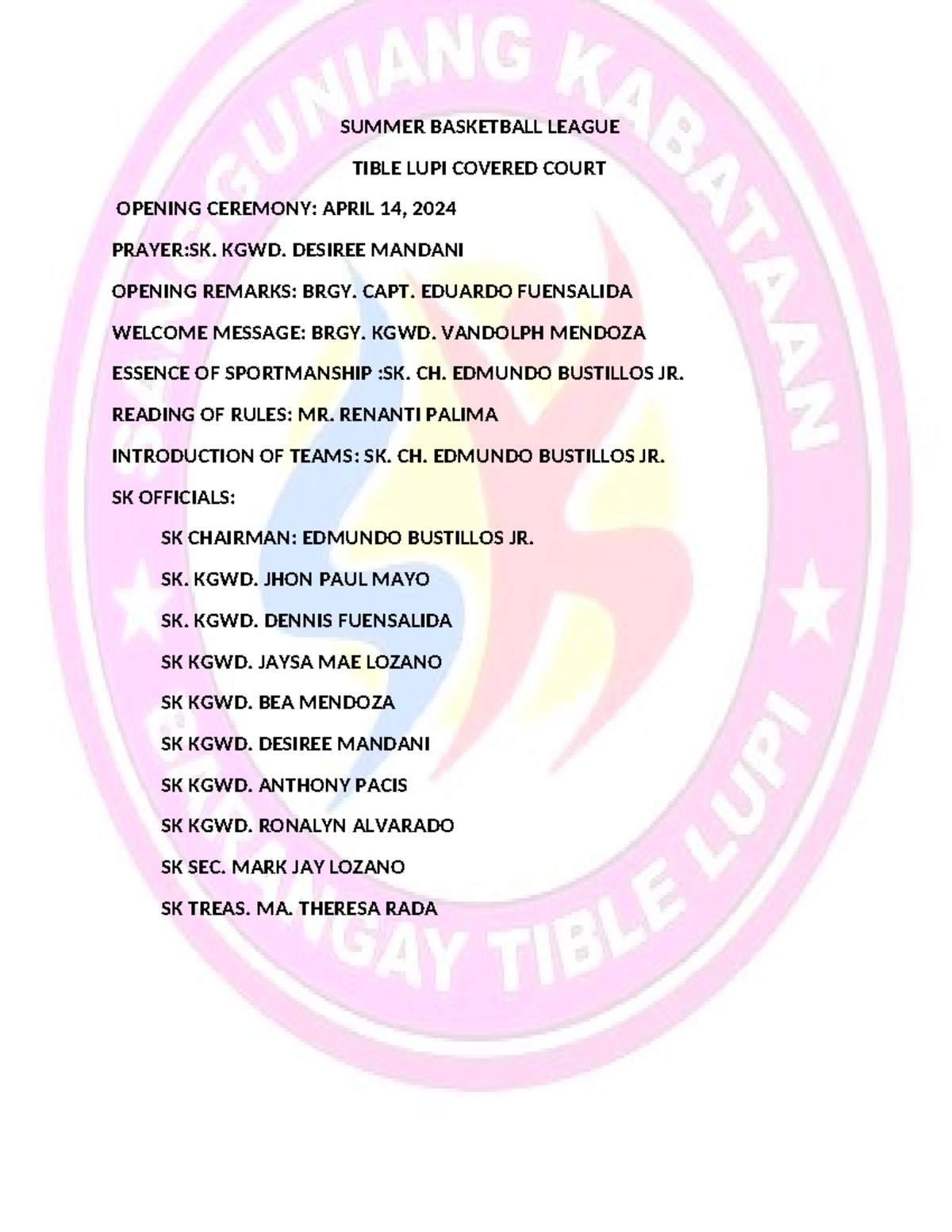 Summer Basketball League - SUMMER BASKETBALL LEAGUE TIBLE LUPI COVERED ...