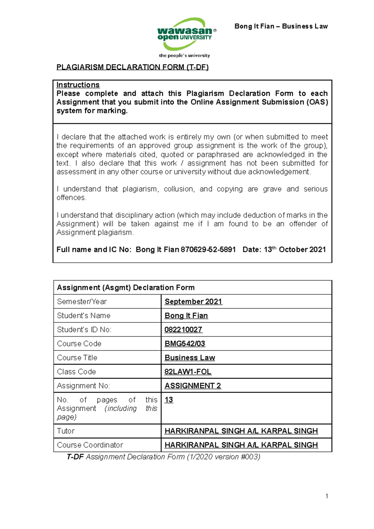 Assignment 2 of September Intake - PLAGIARISM DECLARATION FORM (T-DF ...