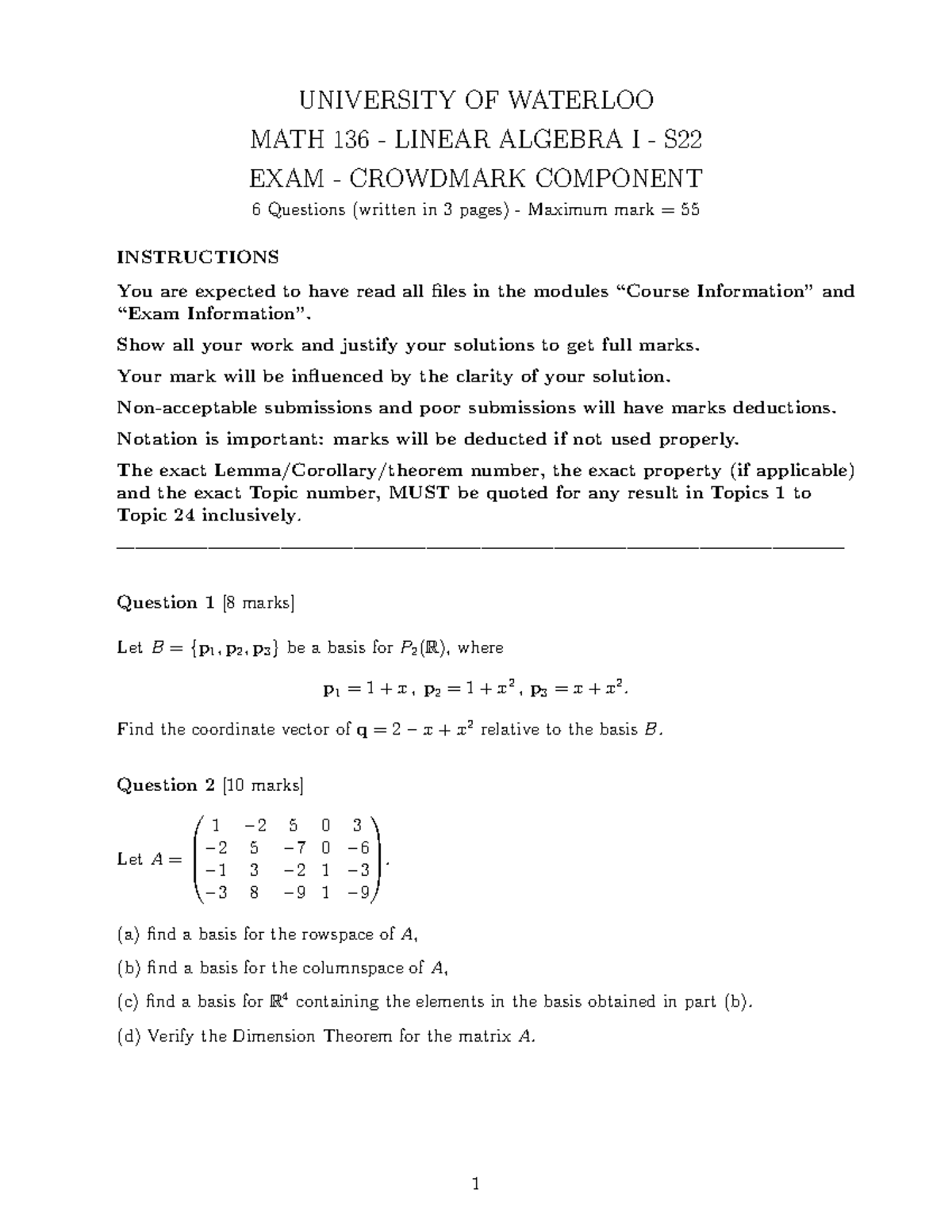 Final Exam For Linear Algebra University Of Waterloo Math 136 