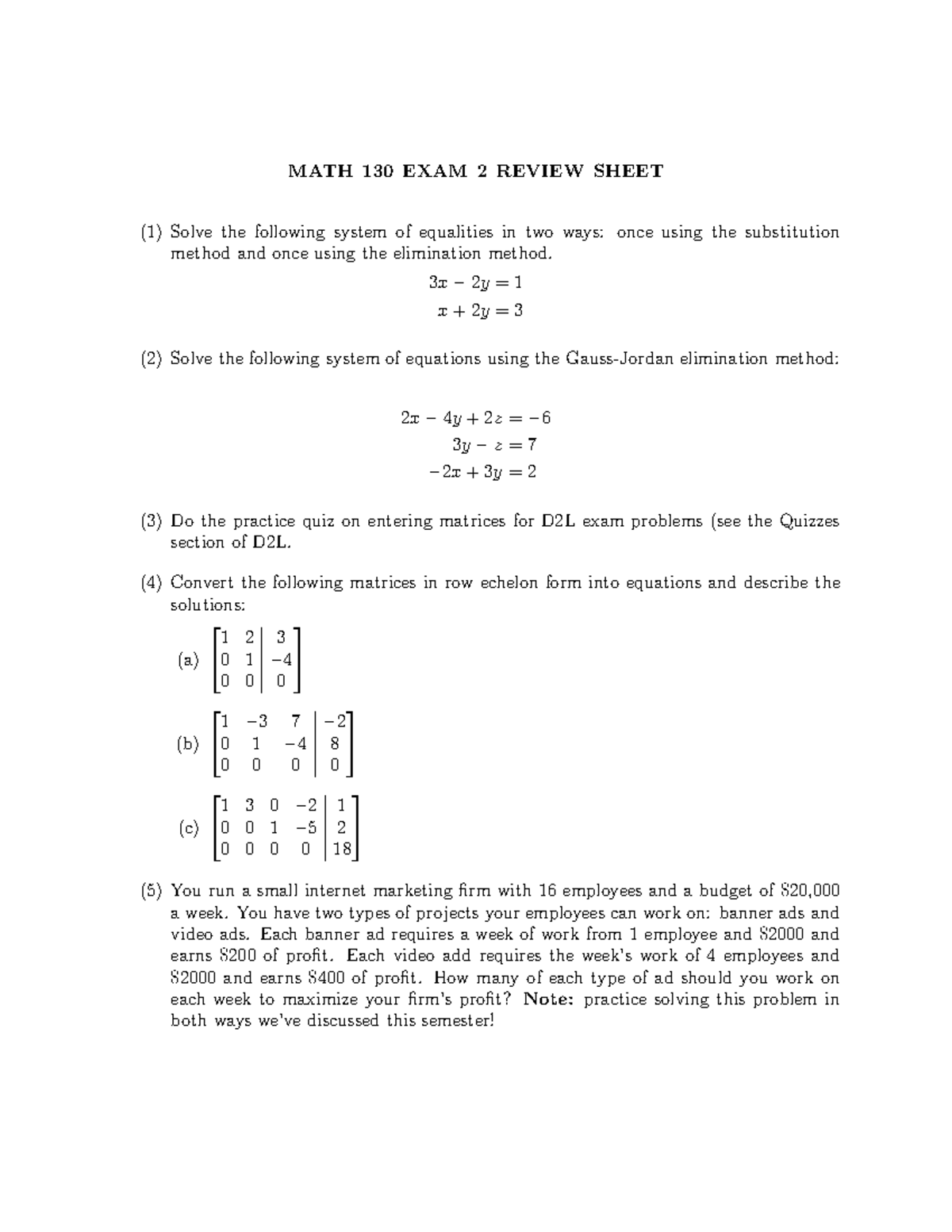 Exam 2 Calculus practice - MATH 130 EXAM 2 REVIEW SHEET (1) Solve the ...