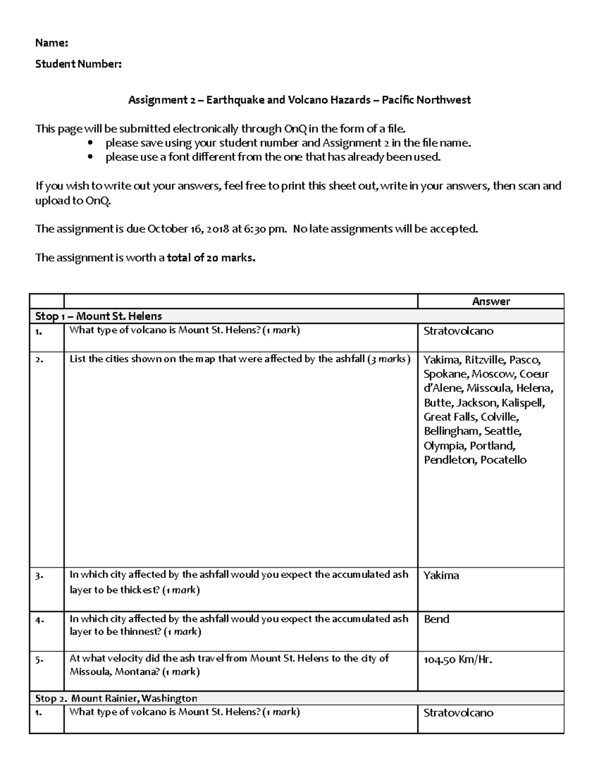 Assignment 2 - Answer Sheet On Q copy - Name: Student Number ...