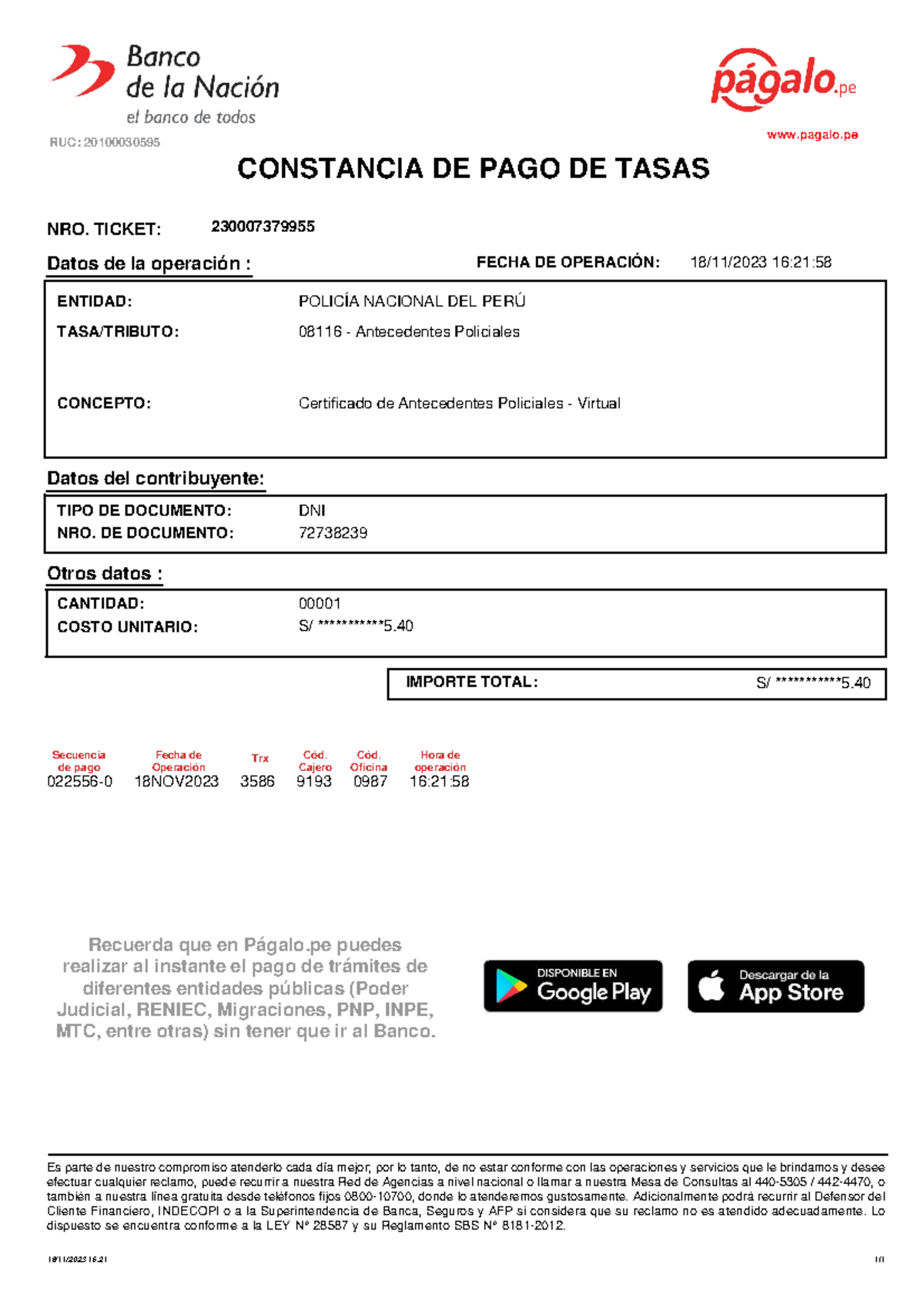 Descargar Constancia Token - CONSTANCIA DE PAGO DE TASAS RUC: 20100030595 pagalo FECHA DE ...