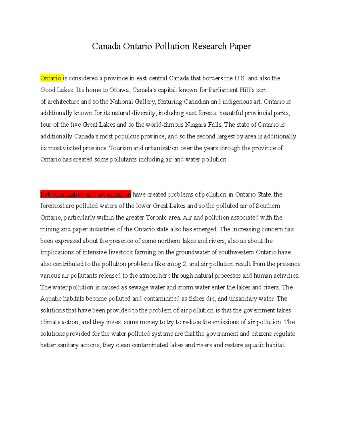 Research Paper - Canada Ontario Pollution Research Paper Ontario is ...