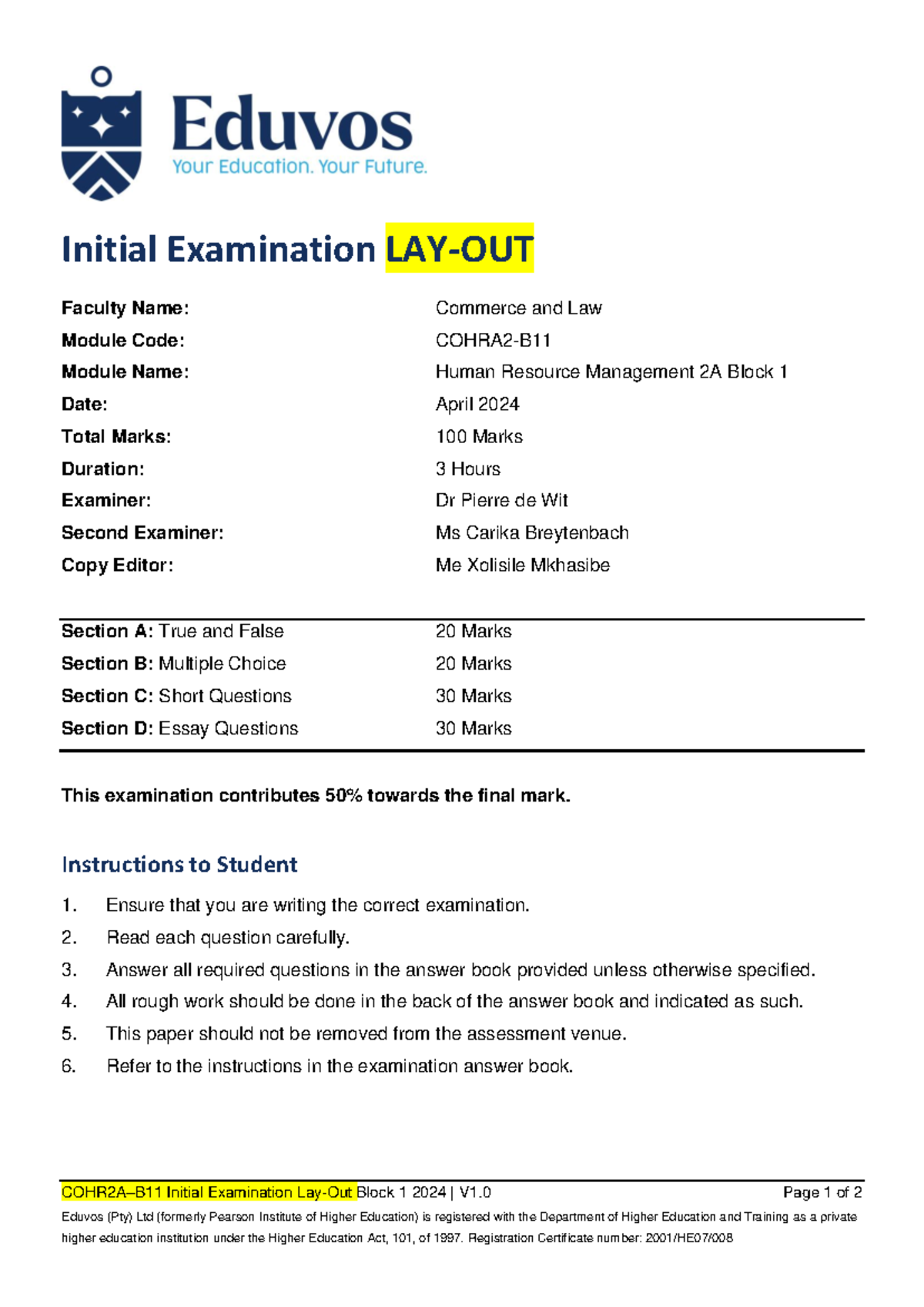COHR2A-B11 - Initial Examination LAY-OUT 2024(V1.0) - COHR2A–B11 ...