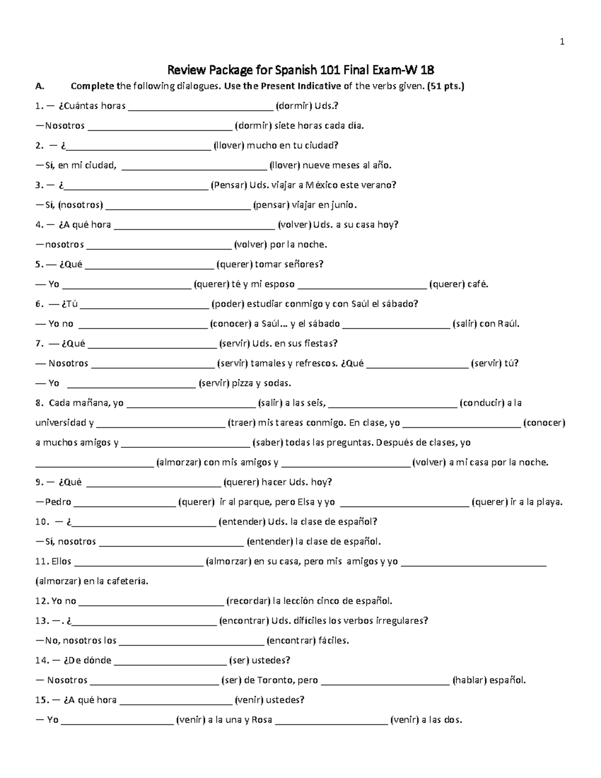 Review Package for Spanish 101 Final Exam-Summer 18 - Warning: TT: undefined function: 32 ...