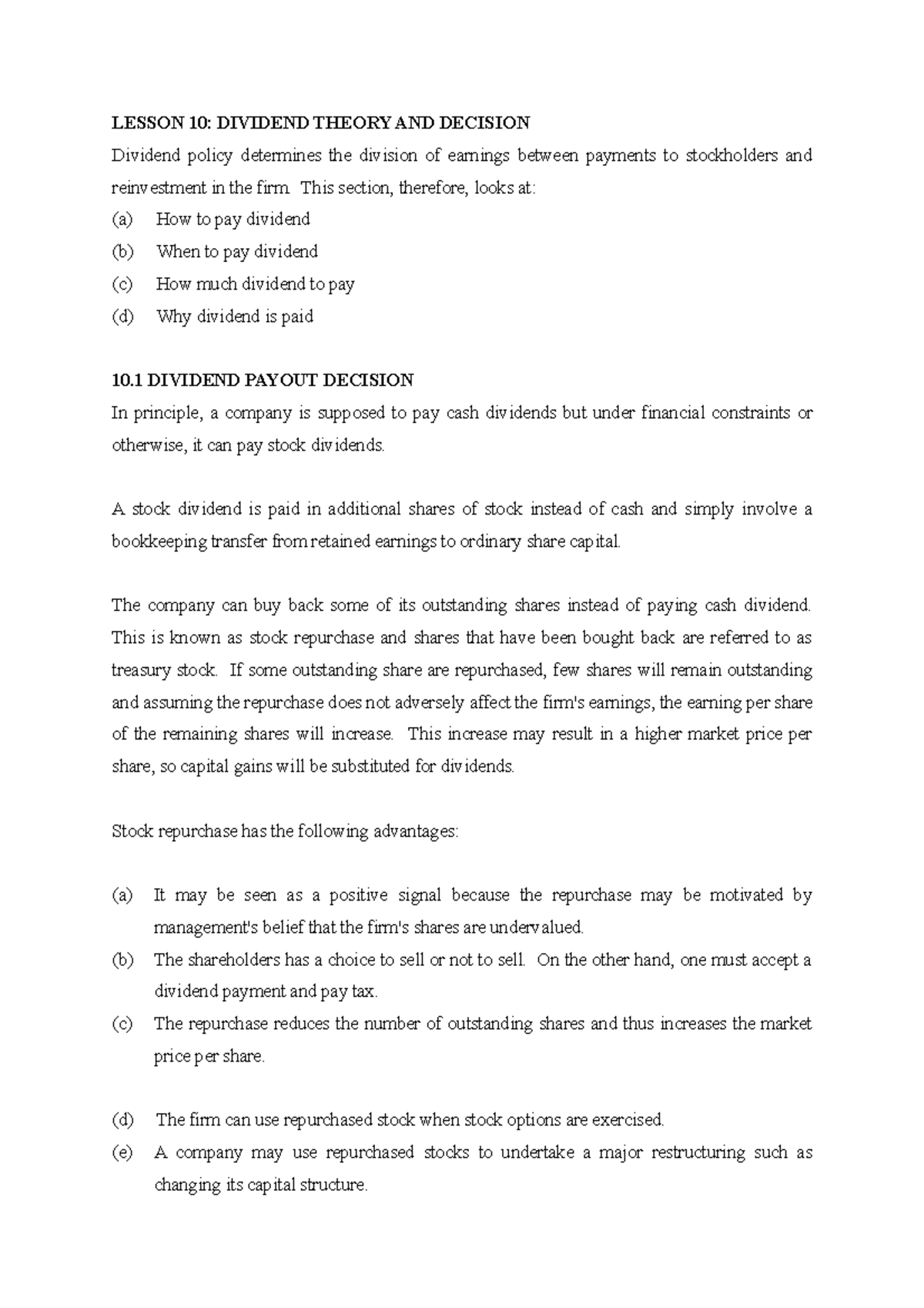 Dividends (13) - Notes - LESSON 10: DIVIDEND THEORY AND DECISION ...