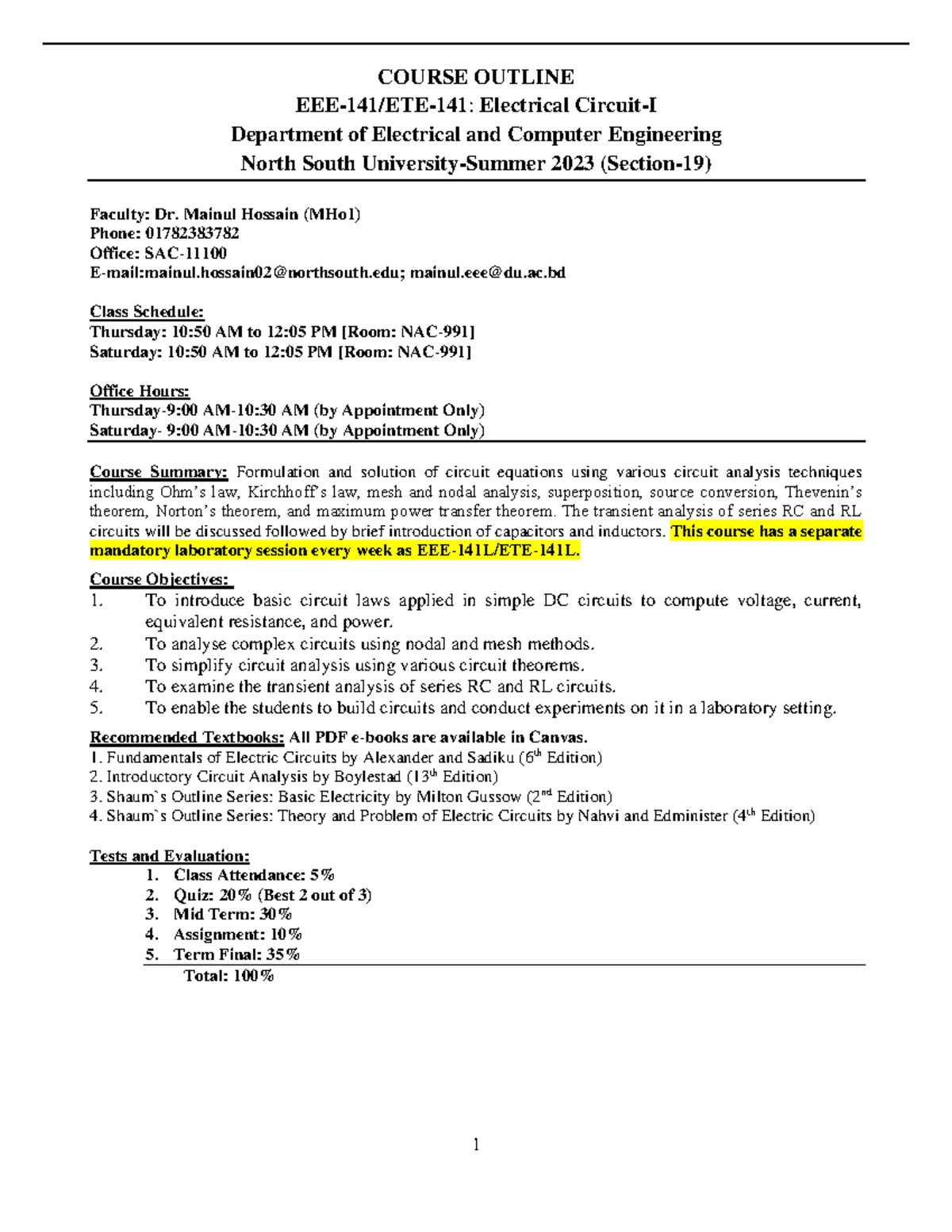 EEE141 Course Outline Summer 2023 - 1 COURSE OUTLINE EEE- 14 1/ETE- 141 ...