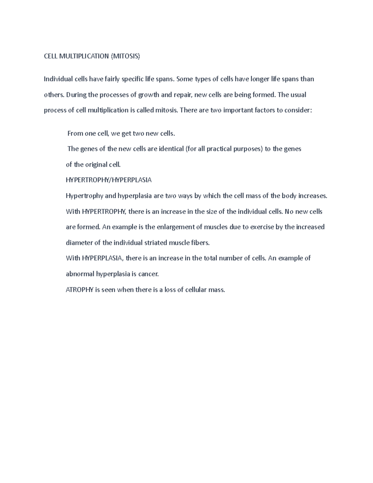 Cell mupltiplication notes - CELL MULTIPLICATION (MITOSIS) Individual ...