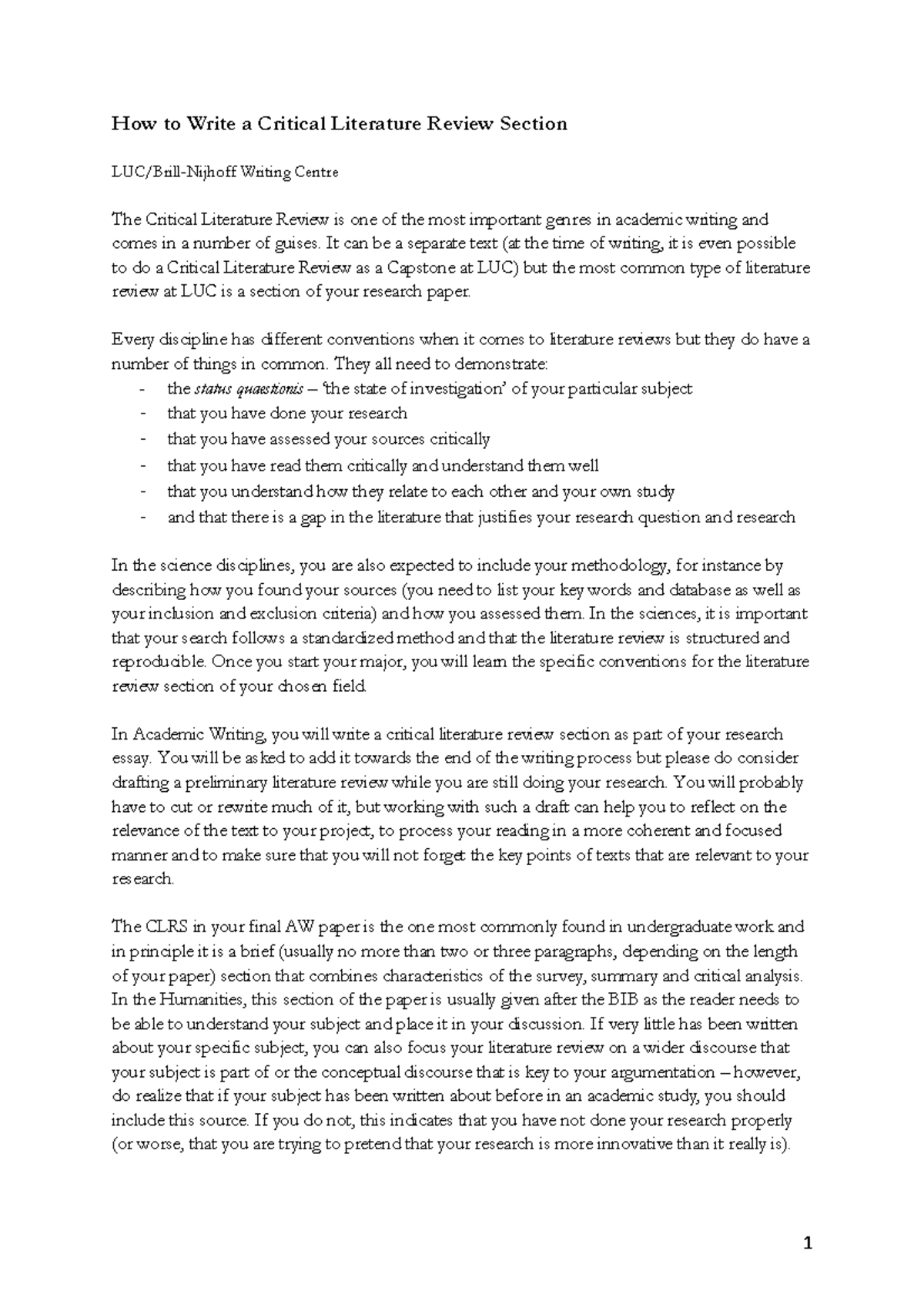 How to Write a Critical Literature Review 20-21 - 1 How to Write a ...