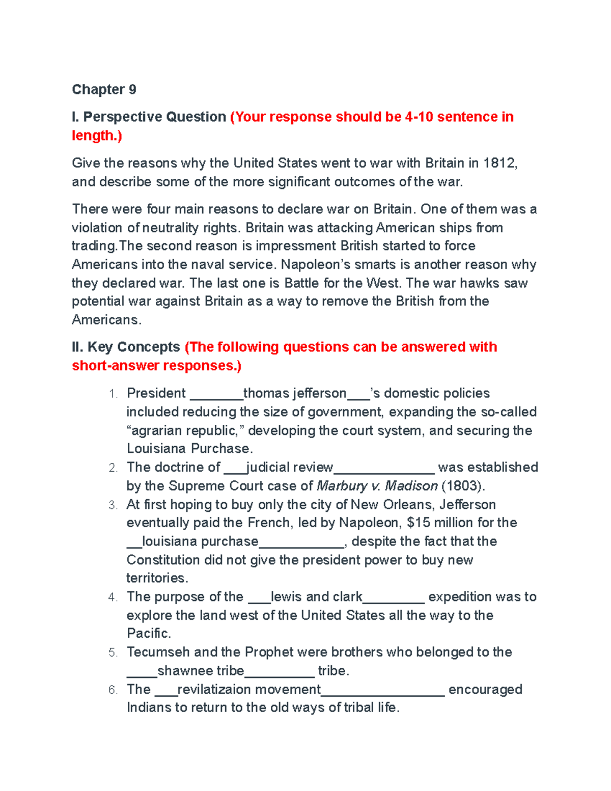 Untitled document - history review assignment for test - Chapter 9 I ...