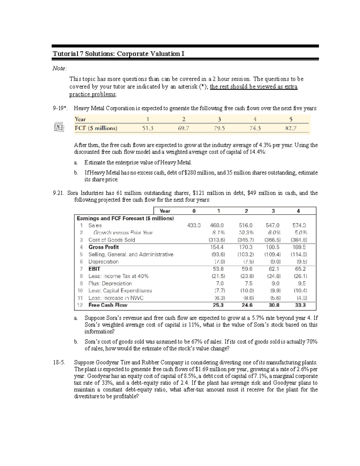 Tutorial 7 Questions - Q's - Tutorial 7 Solutions: Corporate Valuation ...