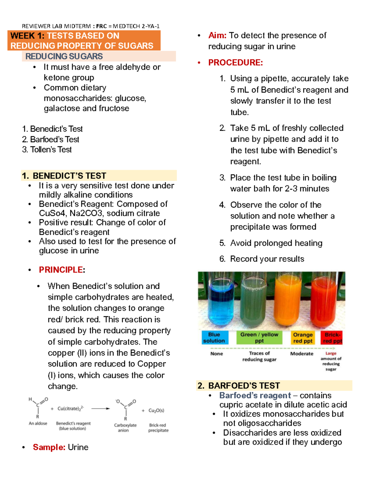 Biochem LAB Midterm - WEEK 1: TESTS BASED ON REDUCING PROPERTY OF ...
