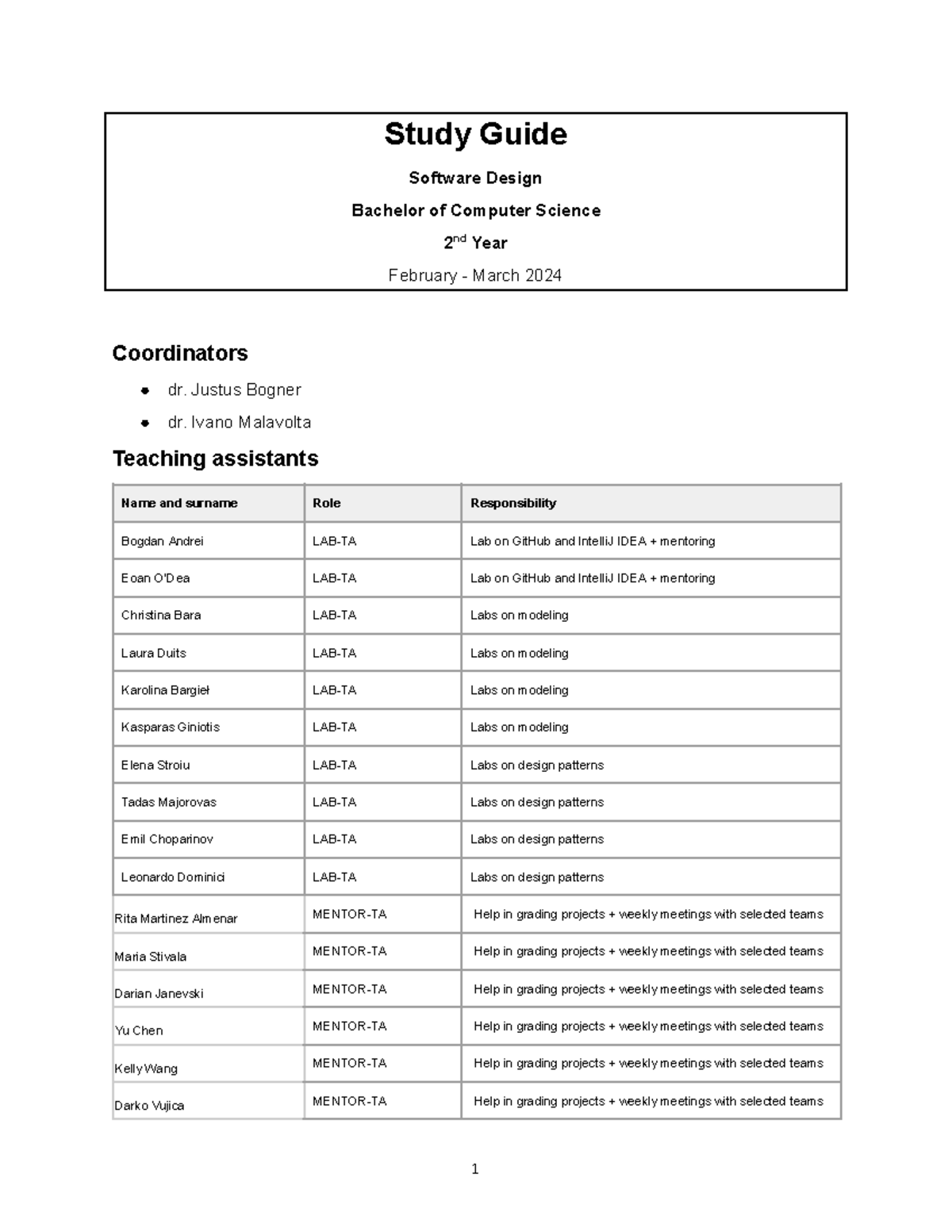 Study Guide 2023 - 2024 - Study Guide Software Design Bachelor of ...