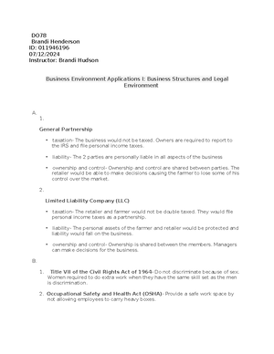 D078 task 2 - Chapter coursework - DO 07/12/ Instructor: Brandi Hudson ...