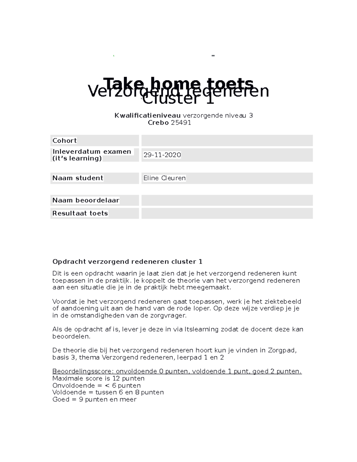 Take-home toets verzorgend redeneren Eline - Take home toets Verzorgend ...