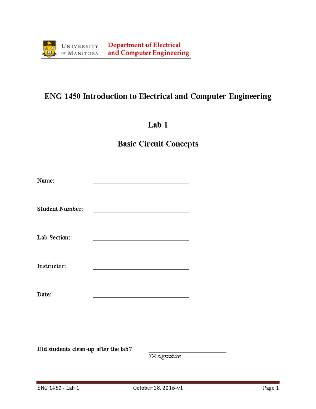 Lab 1 instructions eng1450 - ENG 1450 Introduction to Electrical and Computer Engineering Lab 1 ...