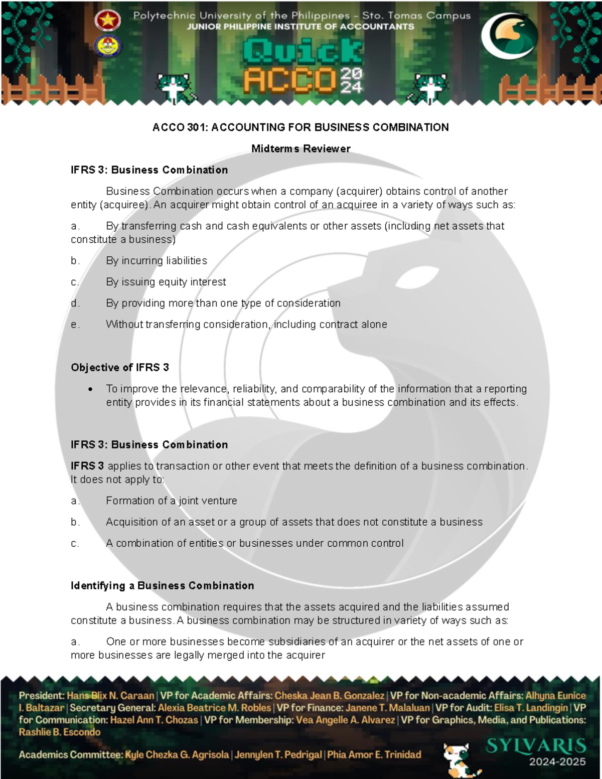 ACCO 301 - Reviewer - ACCO 301: ACCOUNTING FOR BUSINESS COMBINATION ...