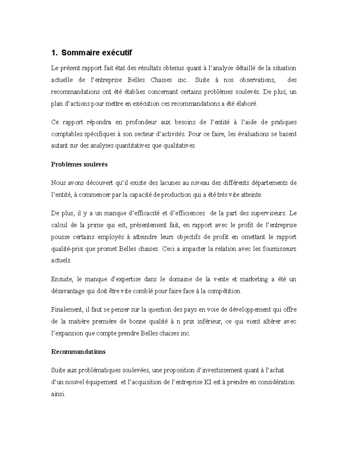travail final sco5001 1ere et dernière partie - 1. Sommaire exécutif Le ...