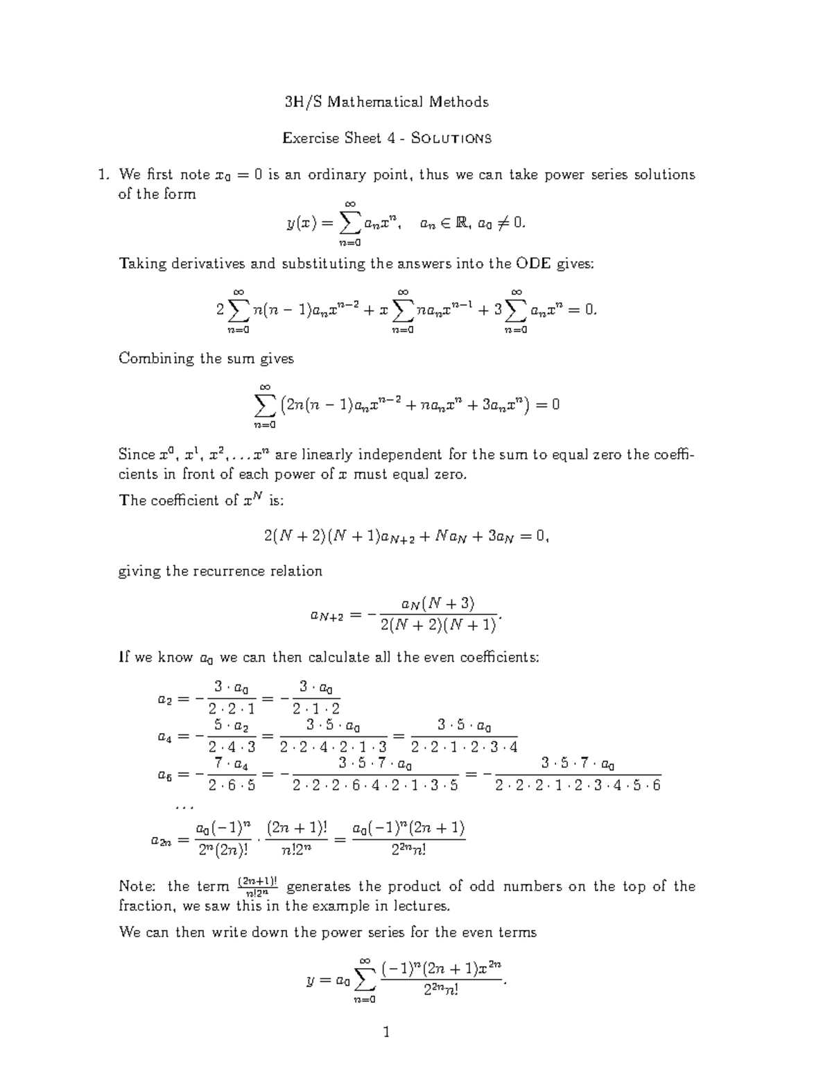 3h Math Meth exsheet 4sol - 3H/S Mathematical Methods Exercise Sheet 4 ...