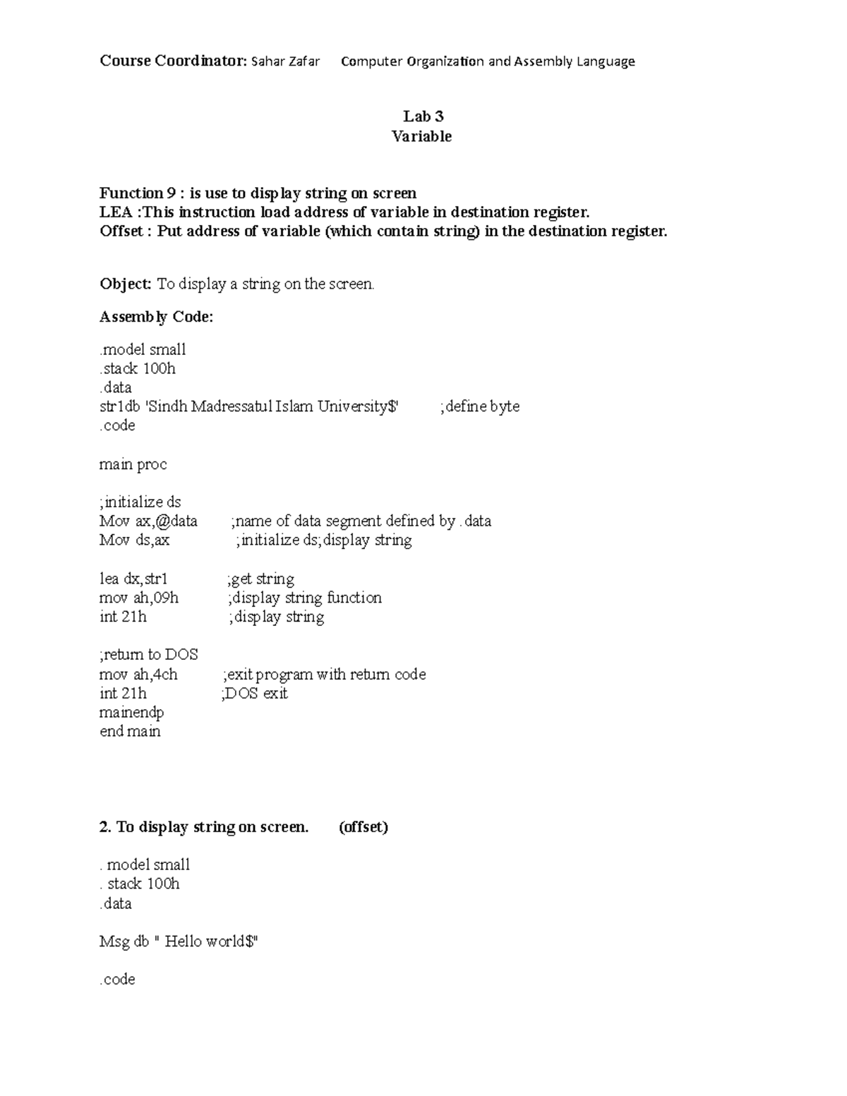 Lab 3 - Lab 3 Variable Function 9 : is use to display string on screen ...