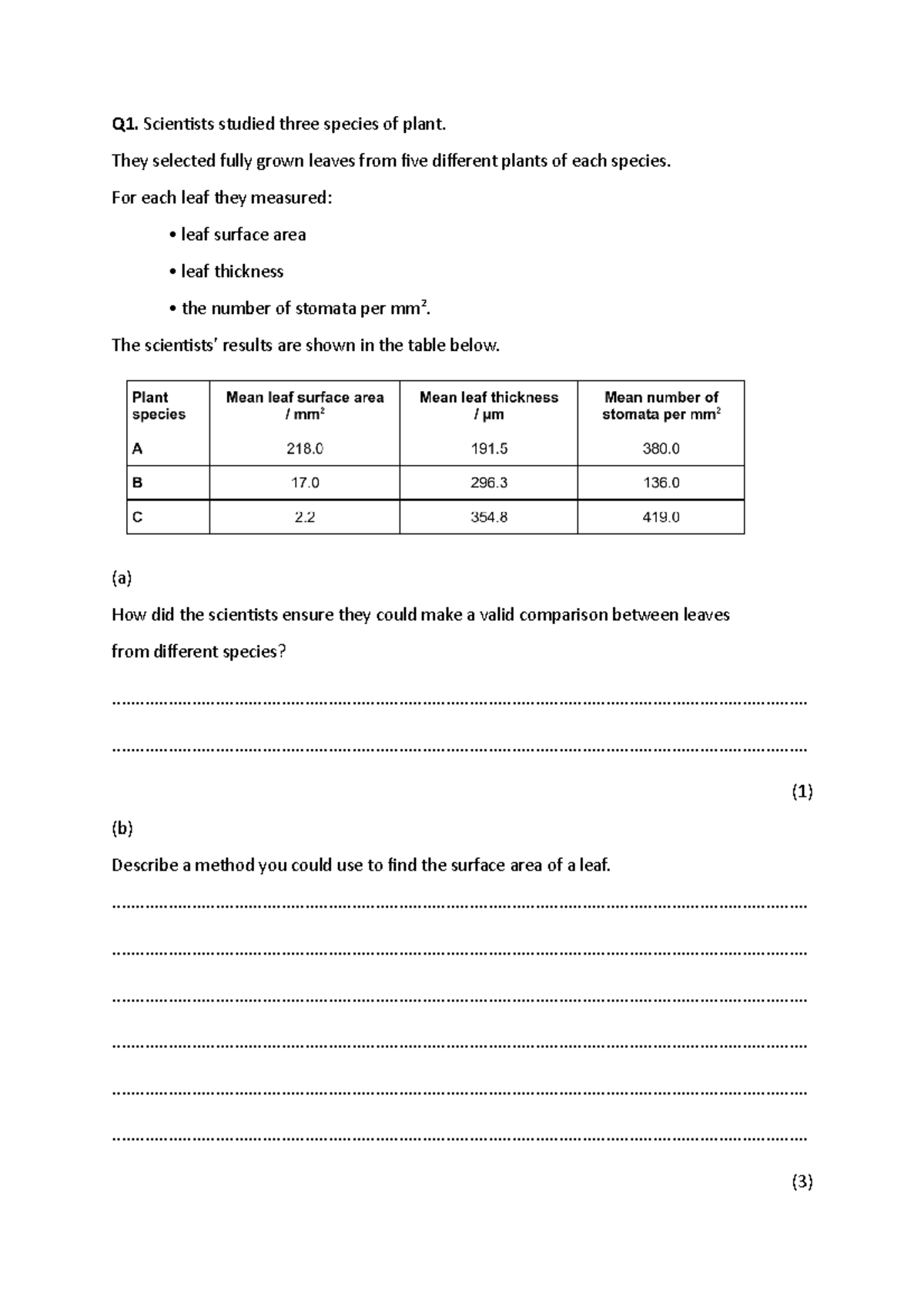 Gas Exchange Questions answers somehow - Q1. Scientists studied three ...