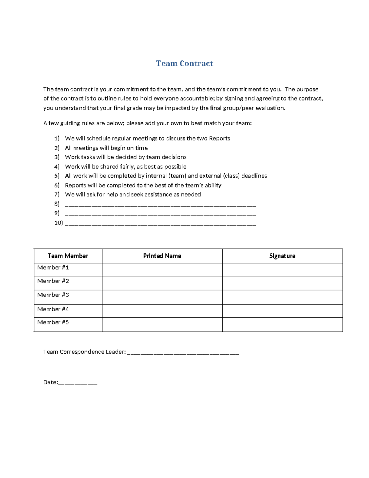 Team Contract Editable Word Document - Team Contract The team contract ...