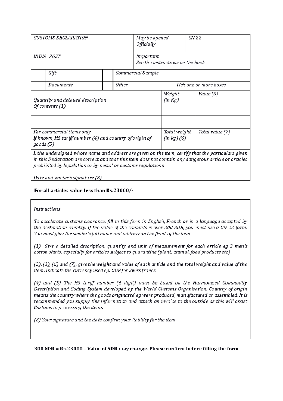 CN 22 - CUSTOMS DECLARATION May be opened Officially CN 22 INDIA POST ...