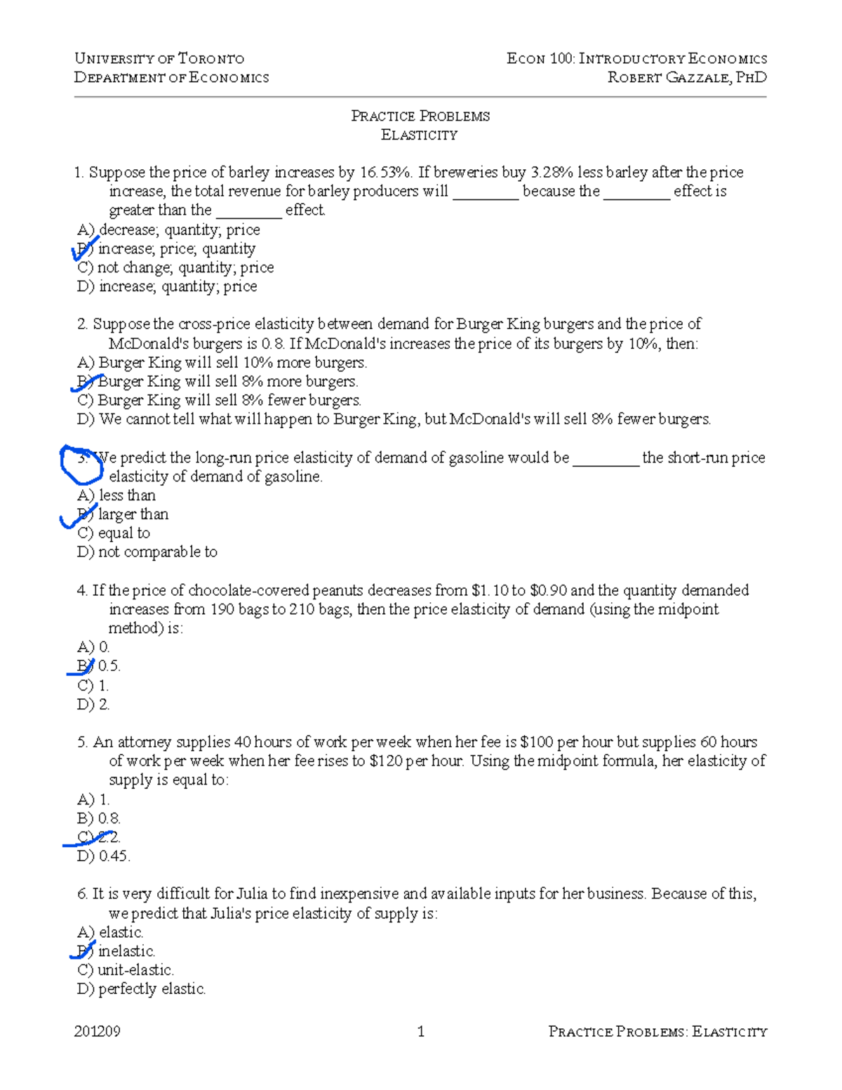 04Practice Problems Elasticity - DEPARTMENT OF ECONOMICS ROBERT GAZZALE ...
