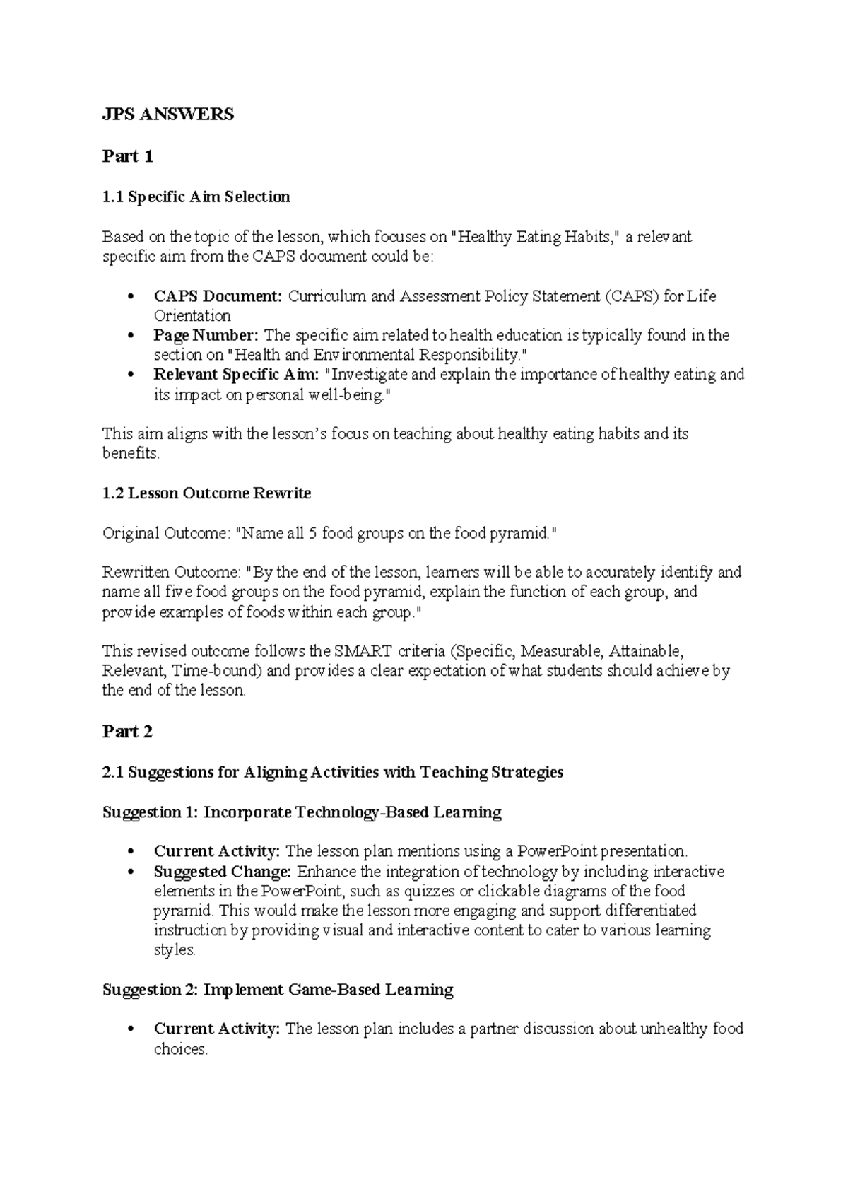 JPS Answers - lesson plan - JPS ANSWERS Part 1 1 Specific Aim Selection ...