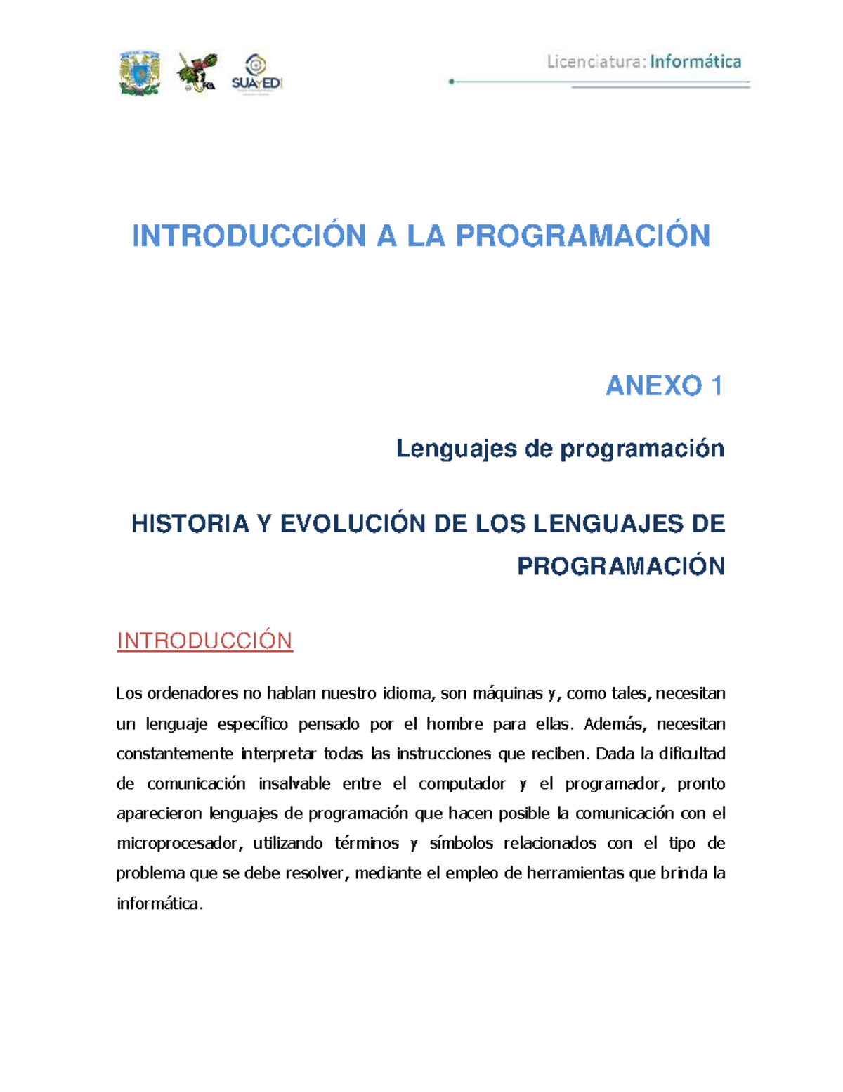 1167 A anexo 1 - INTRODUCCIÓN A LA PROGRAMACIÓN ANEXO 1 Lenguajes de ...