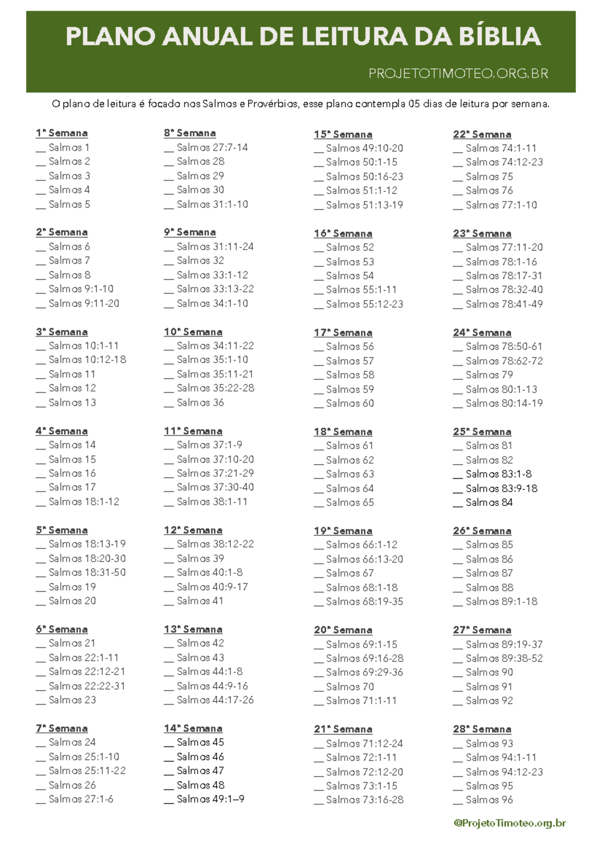 Leitura Anual da Biblia Salmos e Proverbios - @ProjetoTimoteo.org PLANO ANUAL DE LEITURA DA ...