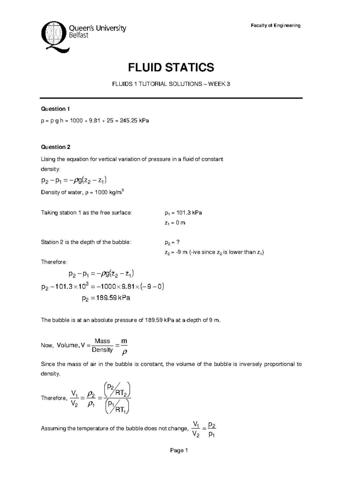 Tutorial Solutions - Week 3 - Fluid Statics - FLUID STATICS FLUIDS 1 ...