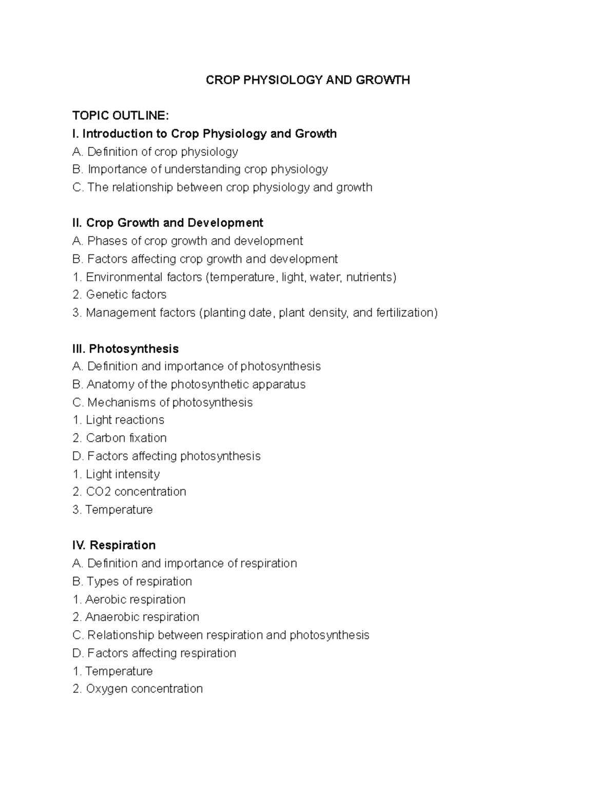 CROP Physiology and Growth - CROP PHYSIOLOGY AND GROWTH TOPIC OUTLINE ...